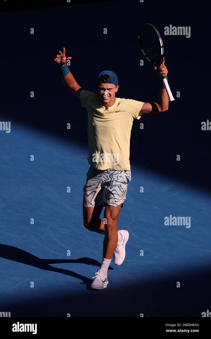 Melbourne, Australia. 23rd Jan, 2023. Holger Rune of Denmark reacts during the match against ...