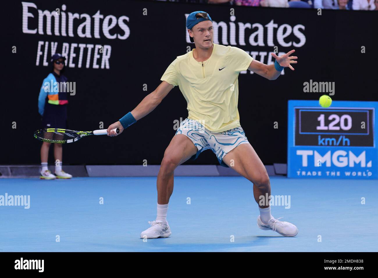 Melbourne, Australia. 23rd Jan, 2023. Holger Rune of Denmark in action against Andrey Rublev ...