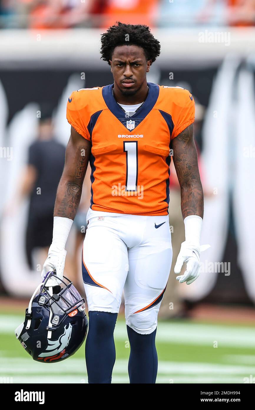 Denver Broncos wide receiver K.J. Hamler (1) during warmups before an ...