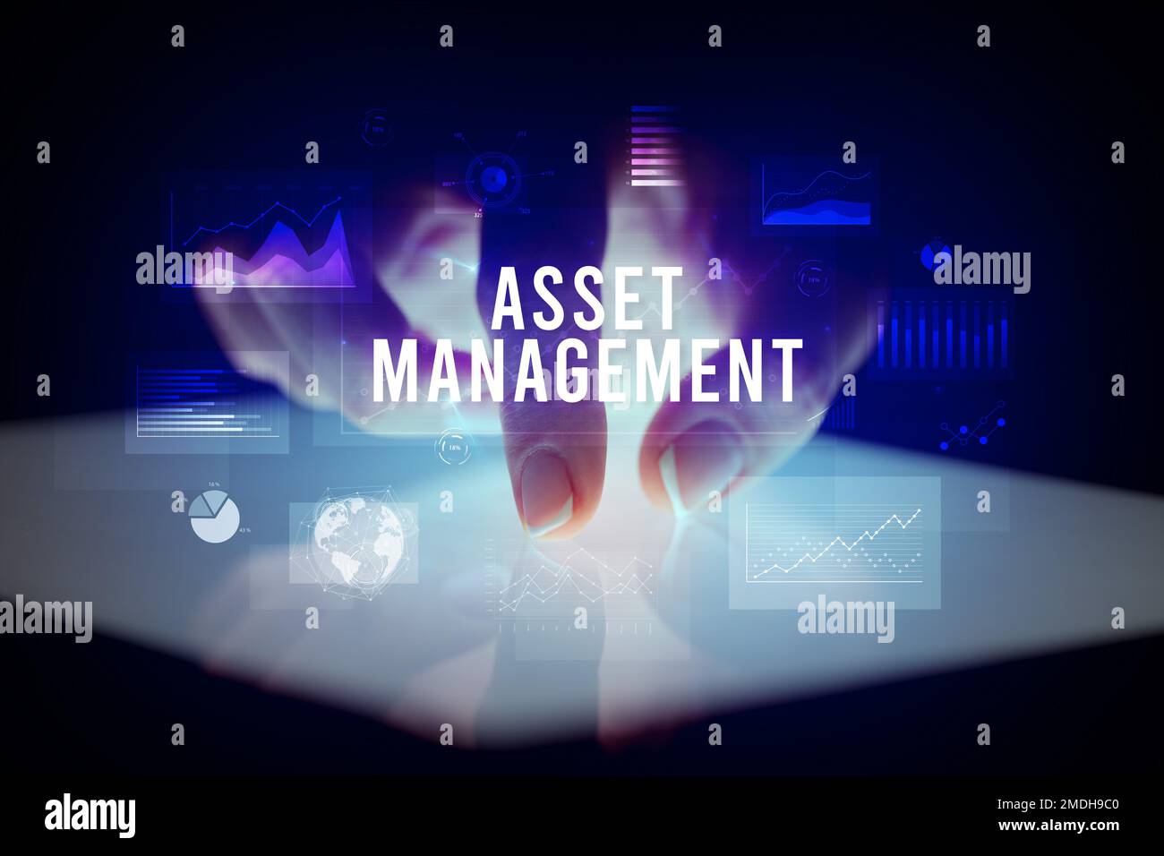 Finger touching tablet with business graphs and icons concept Stock ...