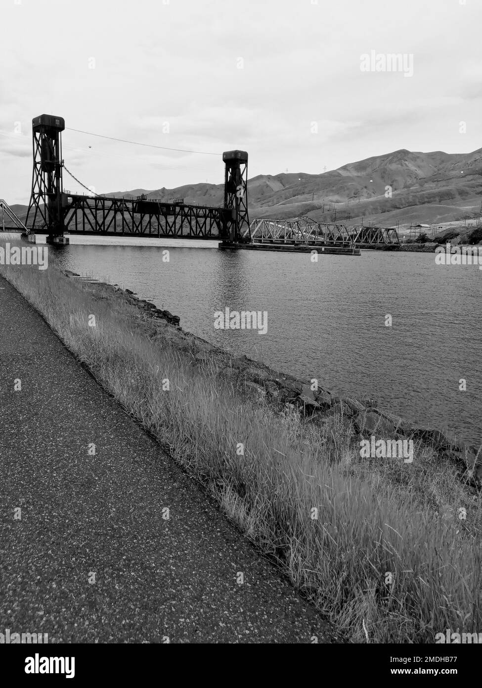 A vertical shot of the Clearwater River railroad bridge in greyscale ...