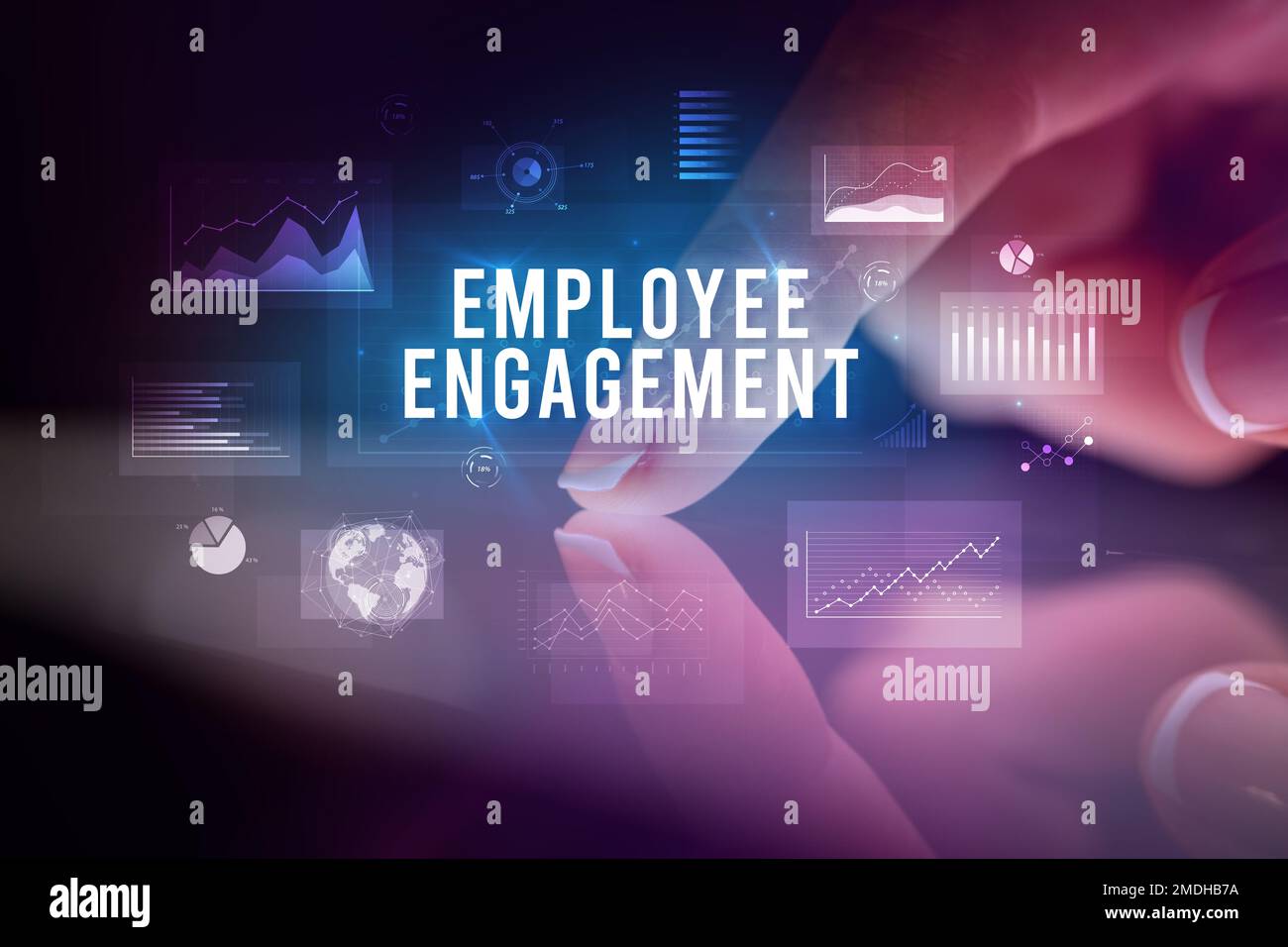 Finger touching tablet with business graphs and icons concept Stock ...