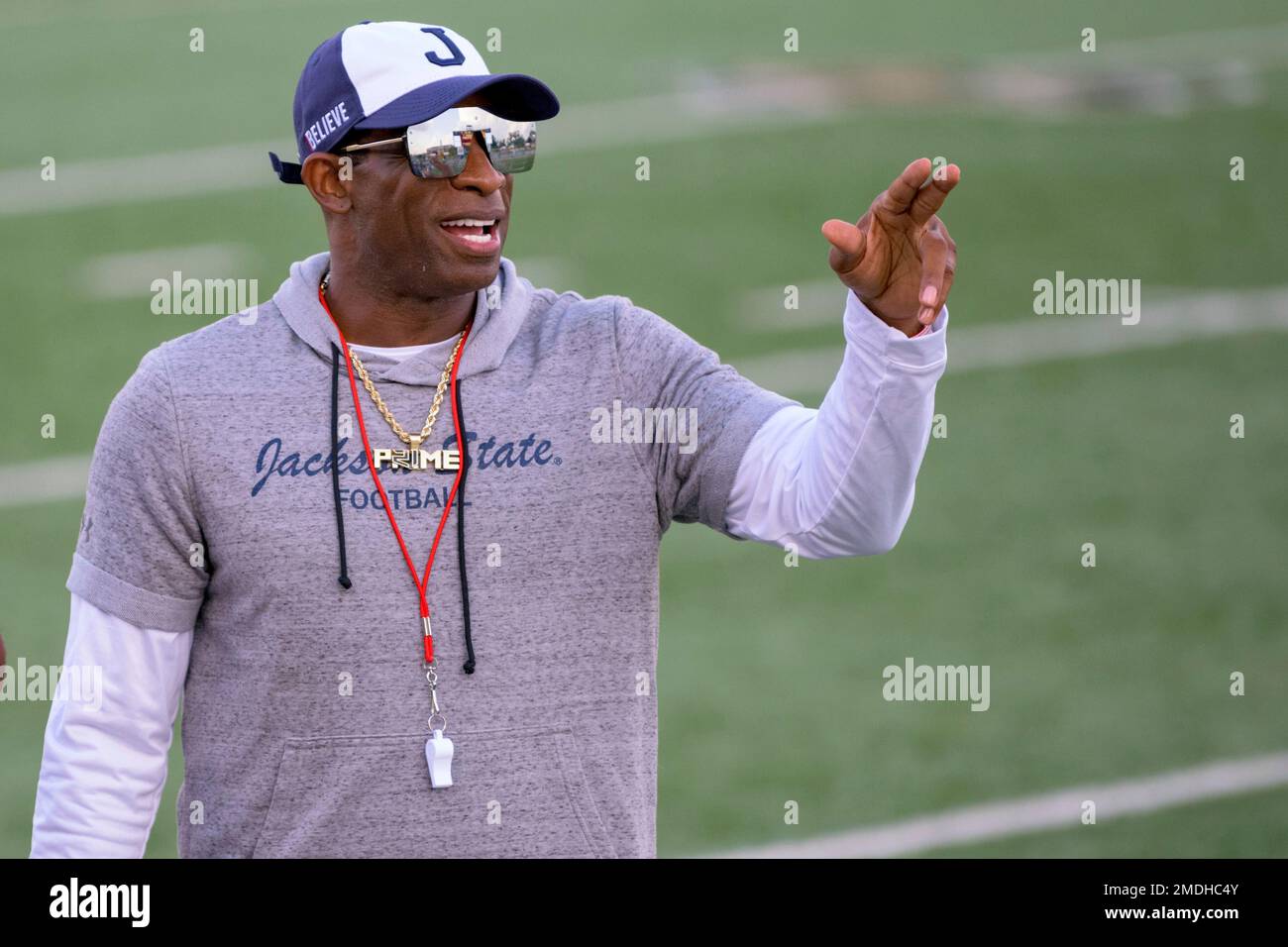 Jackson State head coach Deion Sanders points during an NCAA football ...