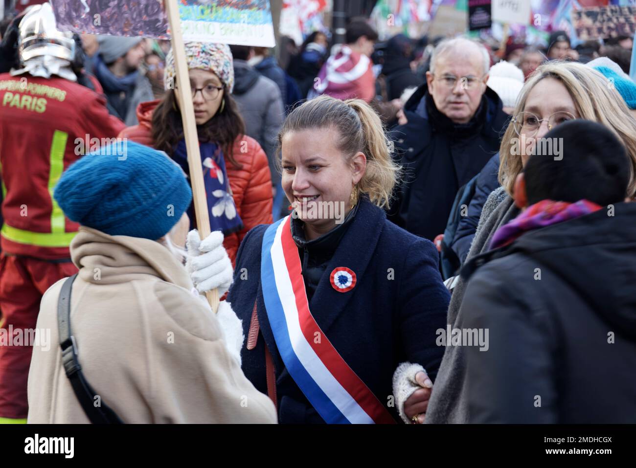 Paris, France. 21th Jan, 2023. Mathilde Panot attends the demonstration ...