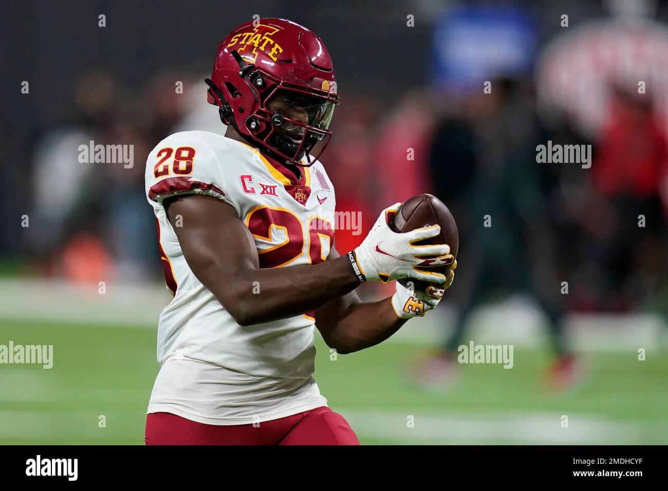 Iowa State Cyclones running back Breece Hall (28) warms up before an ...