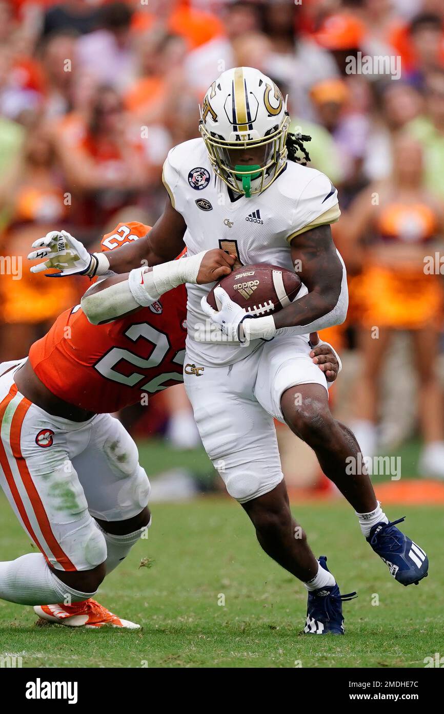 Georgia Tech running back Jahmyr Gibbs (1) is brought down by Clemson ...
