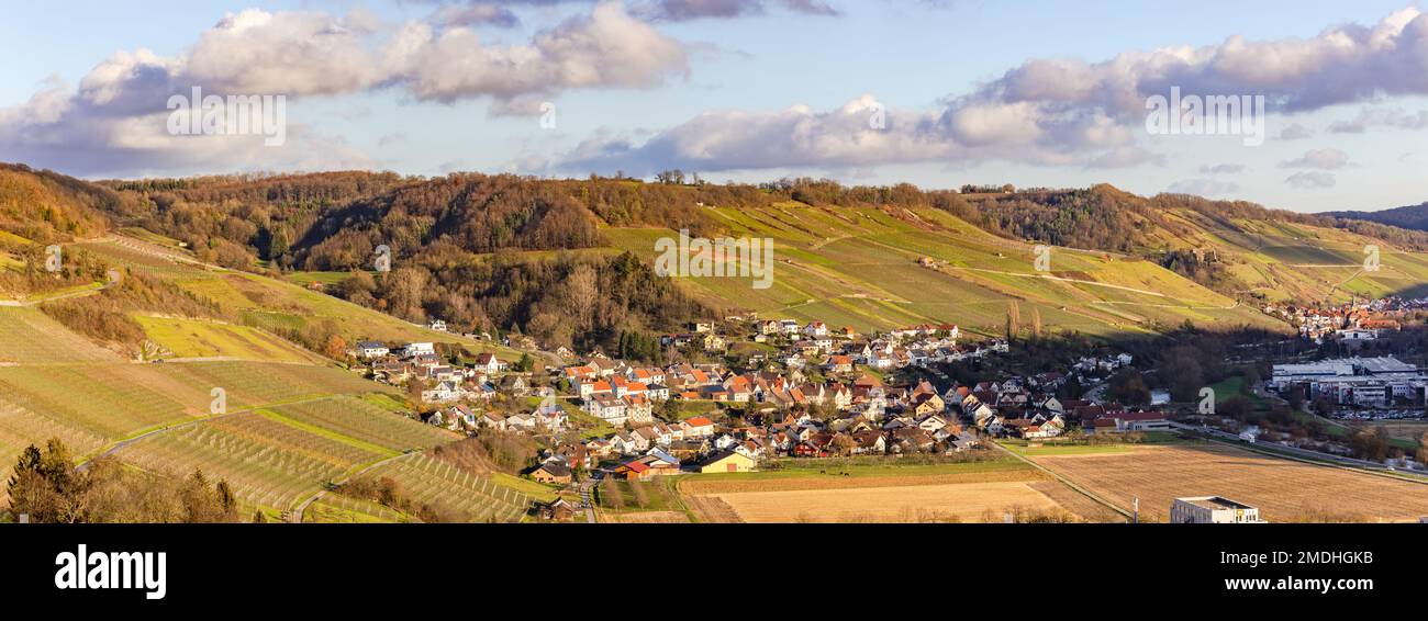 Panoramic view of the forest and vineyards valley above Criesbach in ...