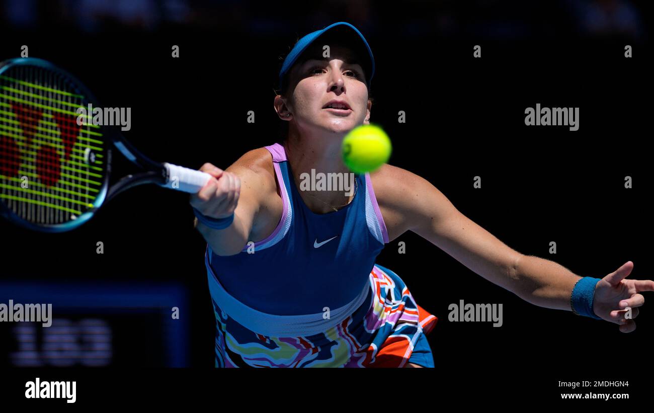 Belinda Bencic of Switzerland plays a forehand return to Aryna ...