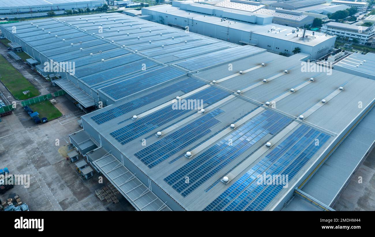 Top view Solar Cell on Warehouse Factory. Solar photo voltaic panels ...