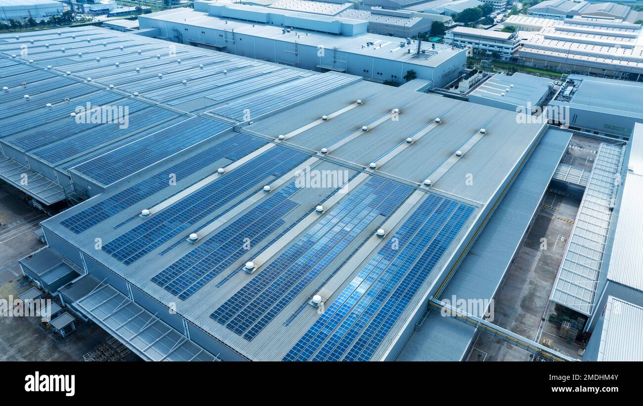 Top view Solar Cell on Warehouse Factory. Solar photo voltaic panels ...