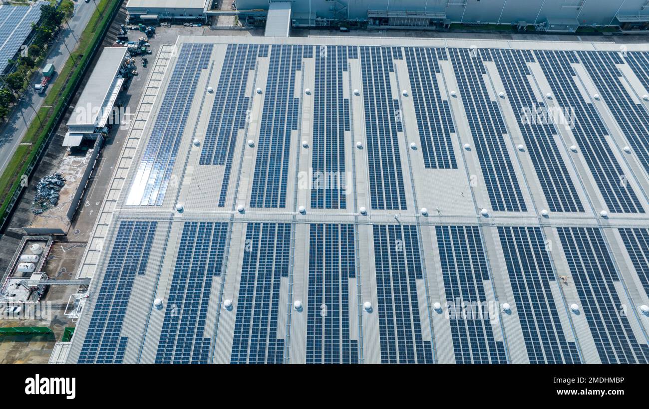 Top view Solar Cell on Warehouse Factory. Solar photo voltaic panels ...