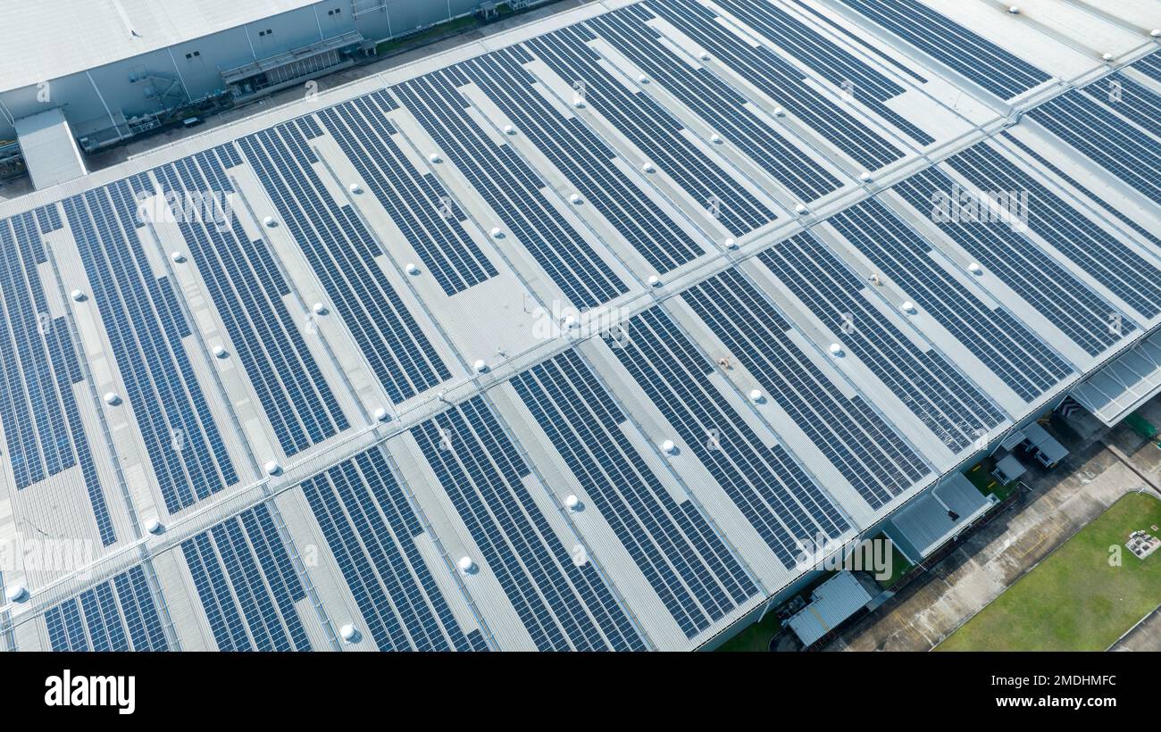 Top view Solar Cell on Warehouse Factory. Solar photo voltaic panels ...