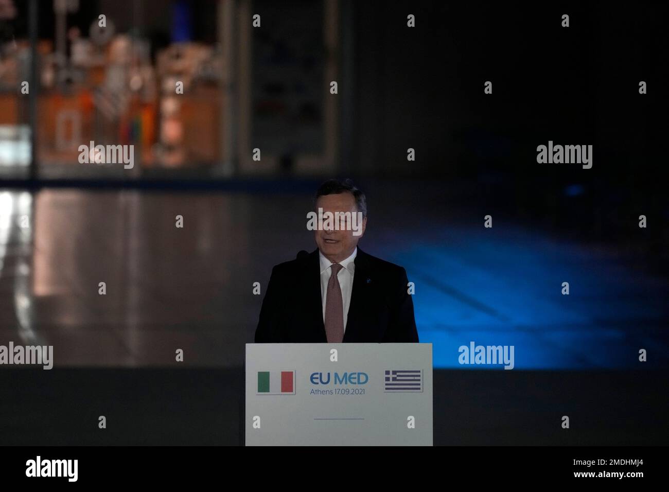 Italian Prime Minister Mario Draghi makes statements during the EUMED 9 summit at the Stavros ...