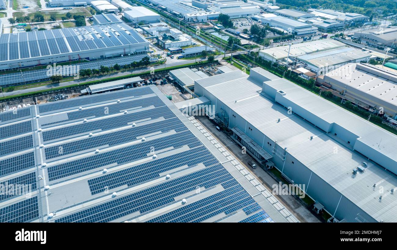 Top view Solar Cell on Warehouse Factory. Solar photo voltaic panels ...