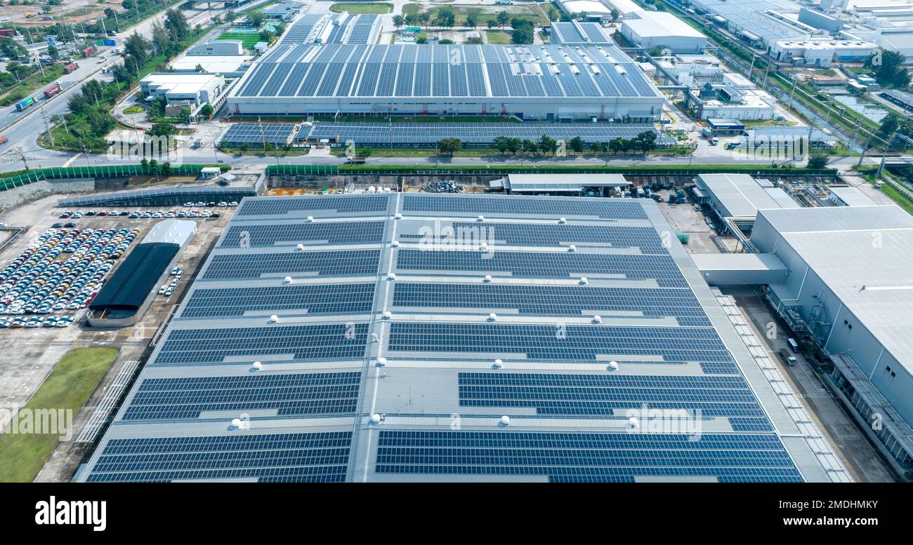 Top view Solar Cell on Warehouse Factory. Solar photo voltaic panels ...