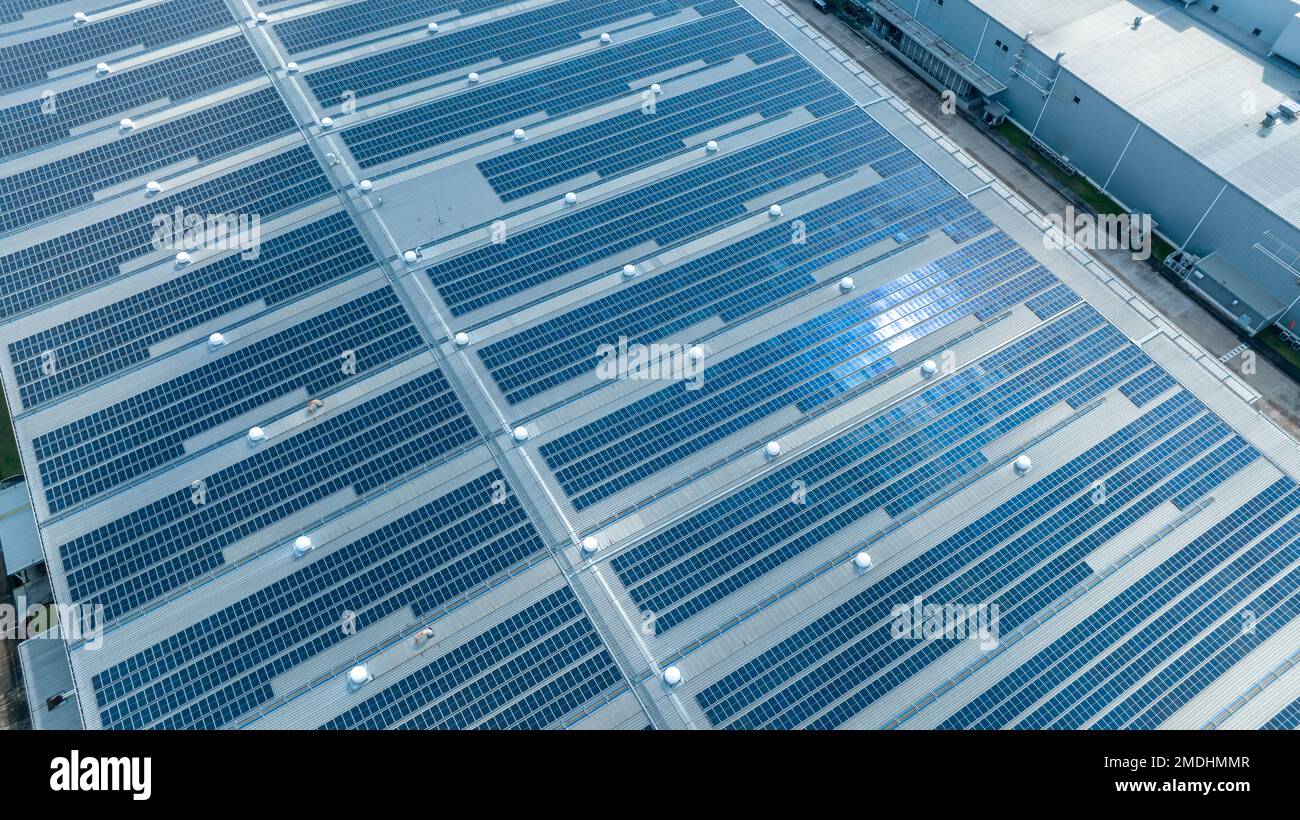 Top view Solar Cell on Warehouse Factory. Solar photo voltaic panels ...