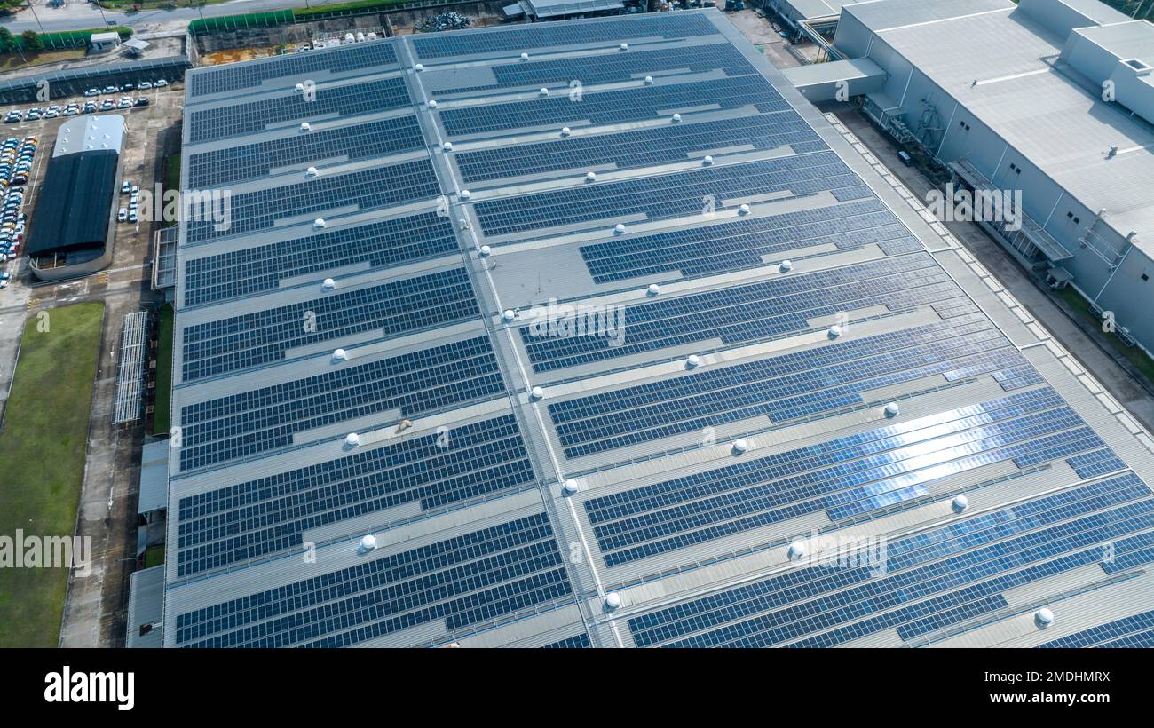 Top view Solar Cell on Warehouse Factory. Solar photo voltaic panels ...