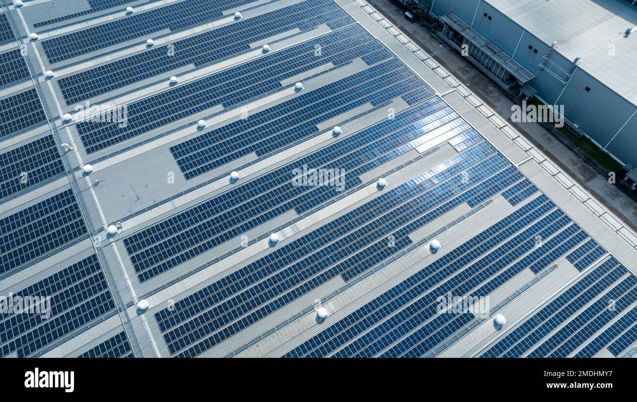 Top view Solar Cell on Warehouse Factory. Solar photo voltaic panels ...