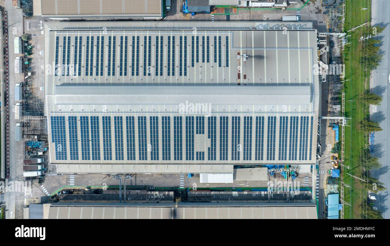 Top view Solar Cell on Warehouse Factory. Solar photo voltaic panels ...