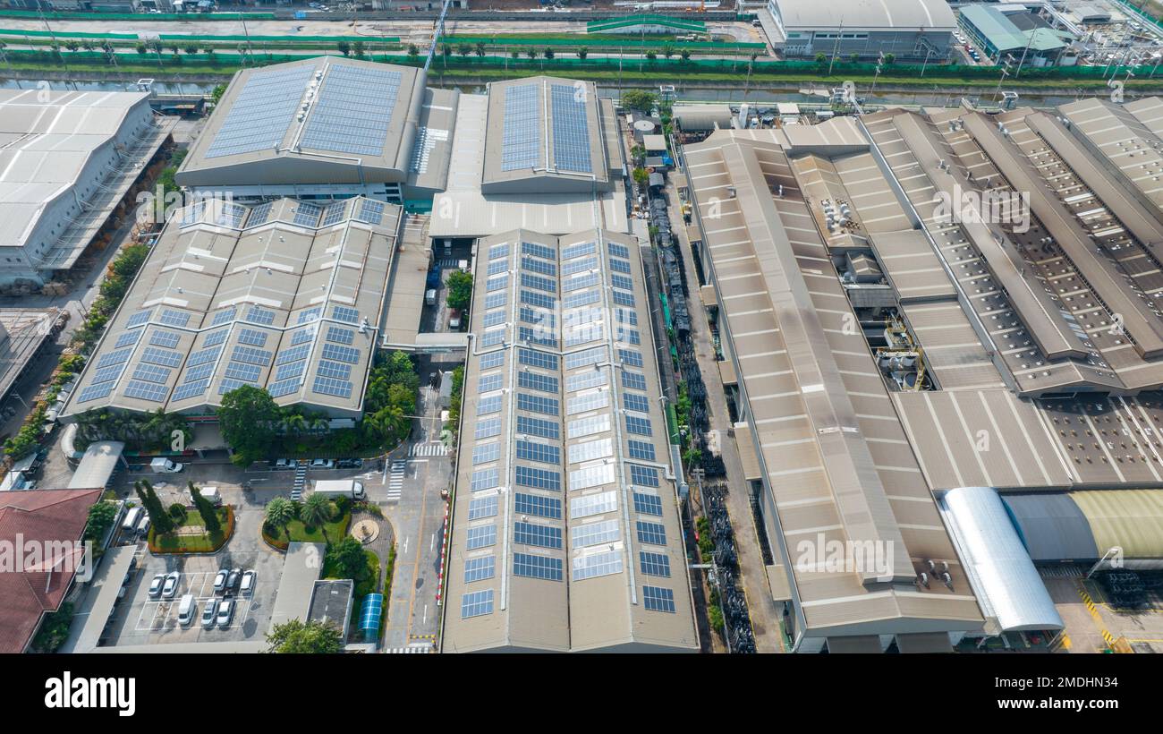 Top view Solar Cell on Warehouse Factory. Solar photo voltaic panels ...