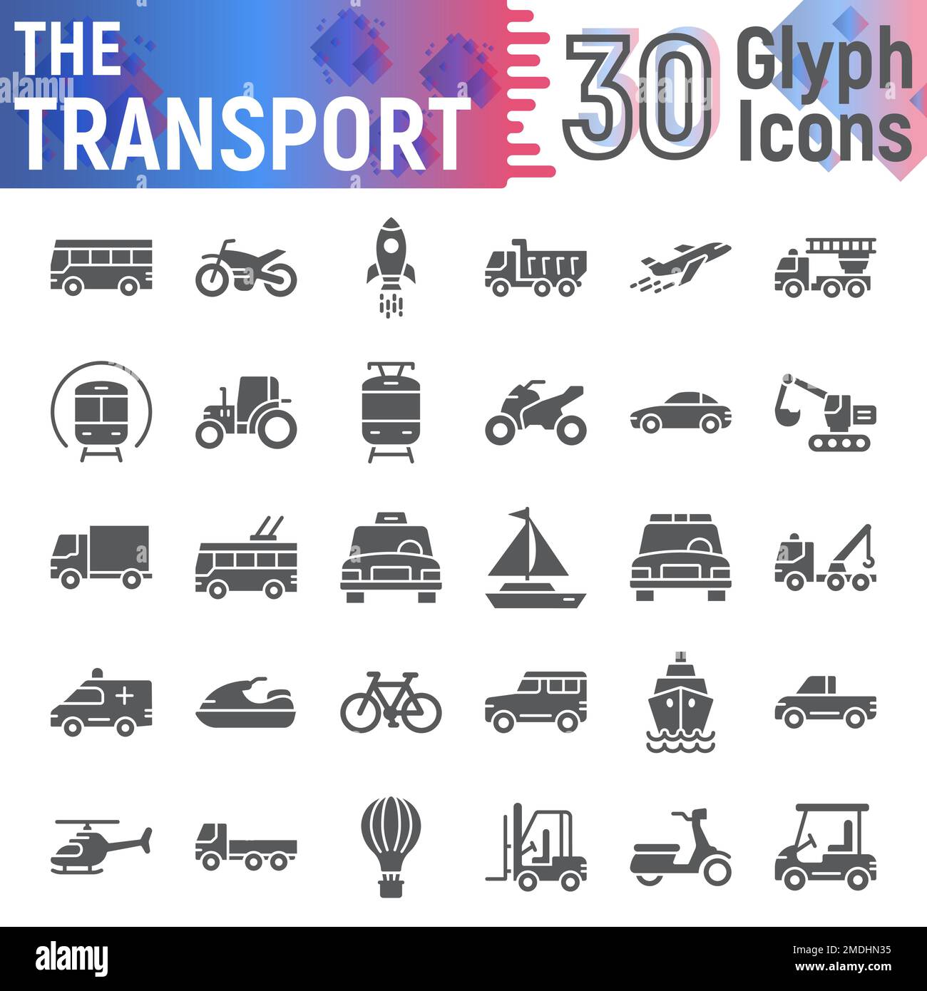 Transport glyph icon set, vehicle symbols collection, vector sketches ...