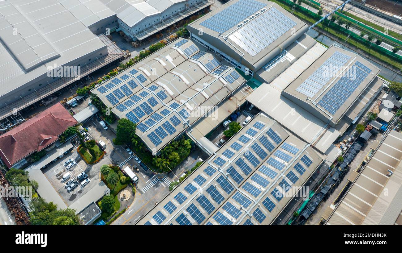 Top view Solar Cell on Warehouse Factory. Solar photo voltaic panels ...