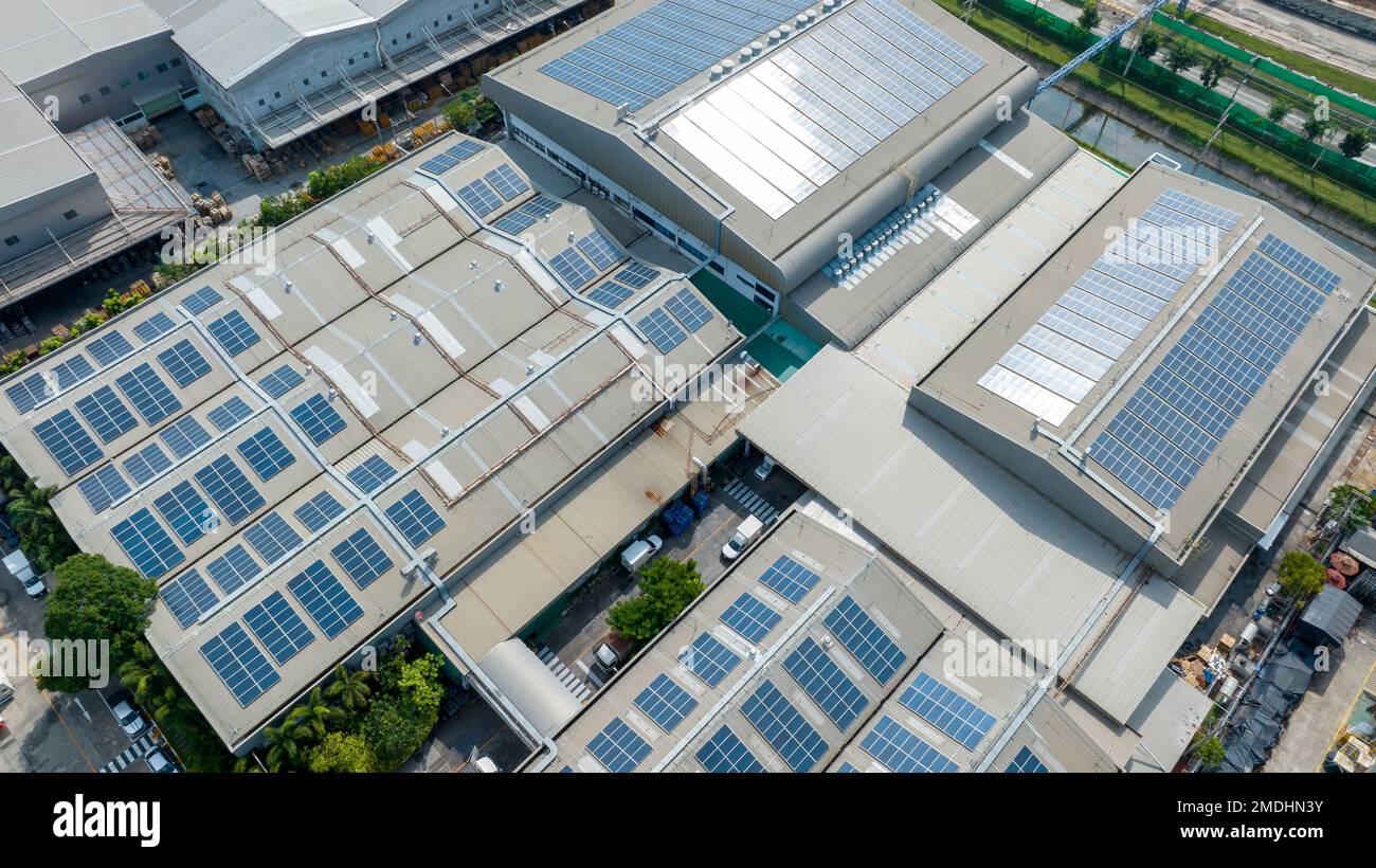 Top view Solar Cell on Warehouse Factory. Solar photo voltaic panels ...