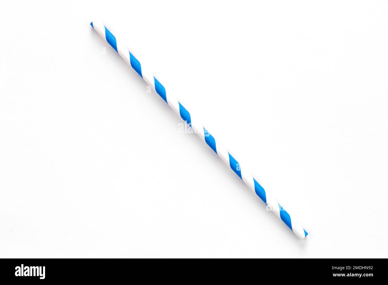 A single blue drinking straw with red and white stripes on white ...