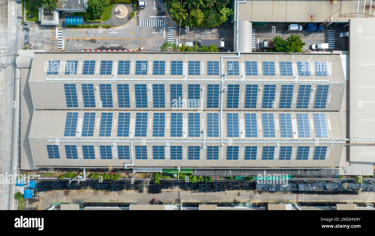 Top view Solar Cell on Warehouse Factory. Solar photo voltaic panels ...