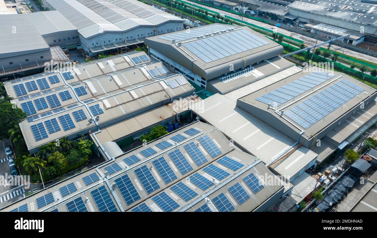 Top view Solar Cell on Warehouse Factory. Solar photo voltaic panels ...