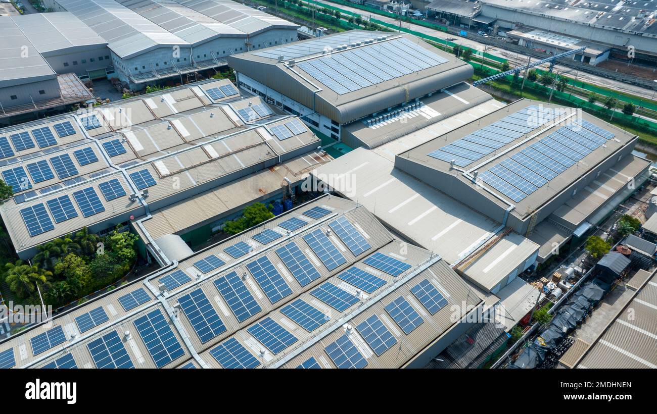 Top view Solar Cell on Warehouse Factory. Solar photo voltaic panels ...