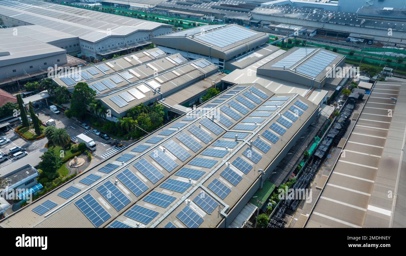 Top view Solar Cell on Warehouse Factory. Solar photo voltaic panels ...