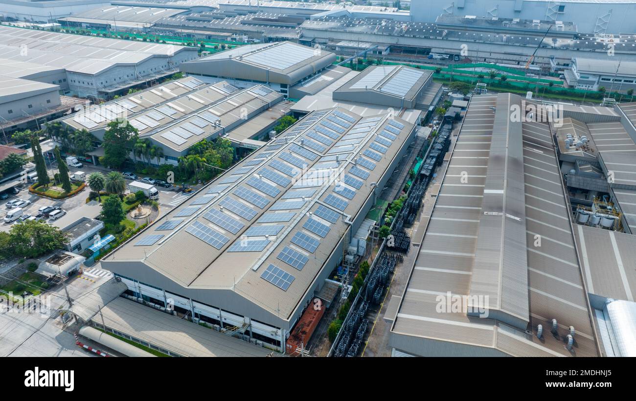 Top view Solar Cell on Warehouse Factory. Solar photo voltaic panels ...