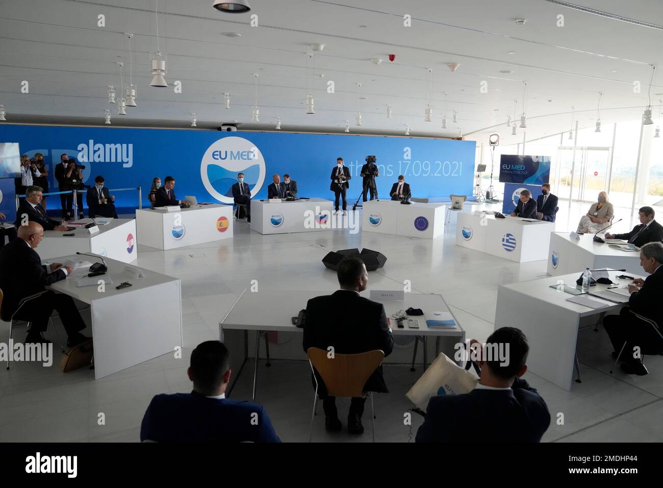 Participants attend the EUMED 9 summit at the Stavros Niarchos Foundation Cultural Center in ...