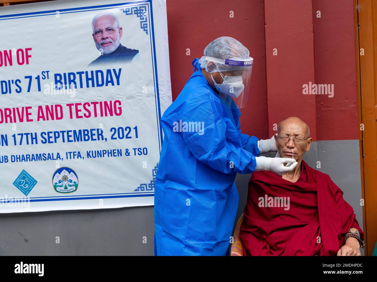 An exile Tibetan Buddhist monk gets tested for COVID-19 at a camp ...