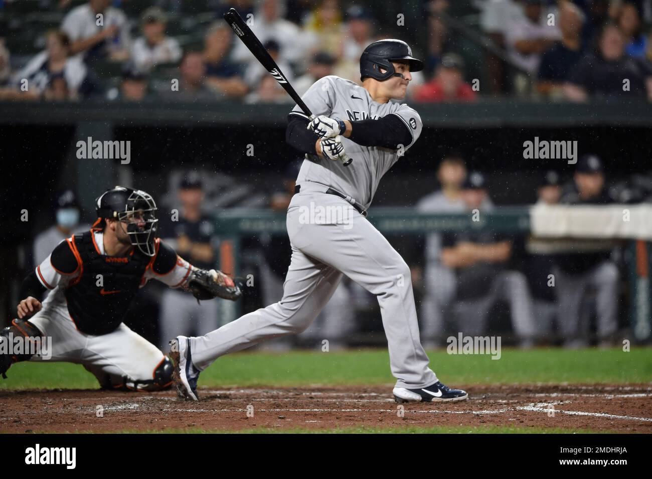 New York Yankees' Anthony Rizzo follows through on a double against the ...