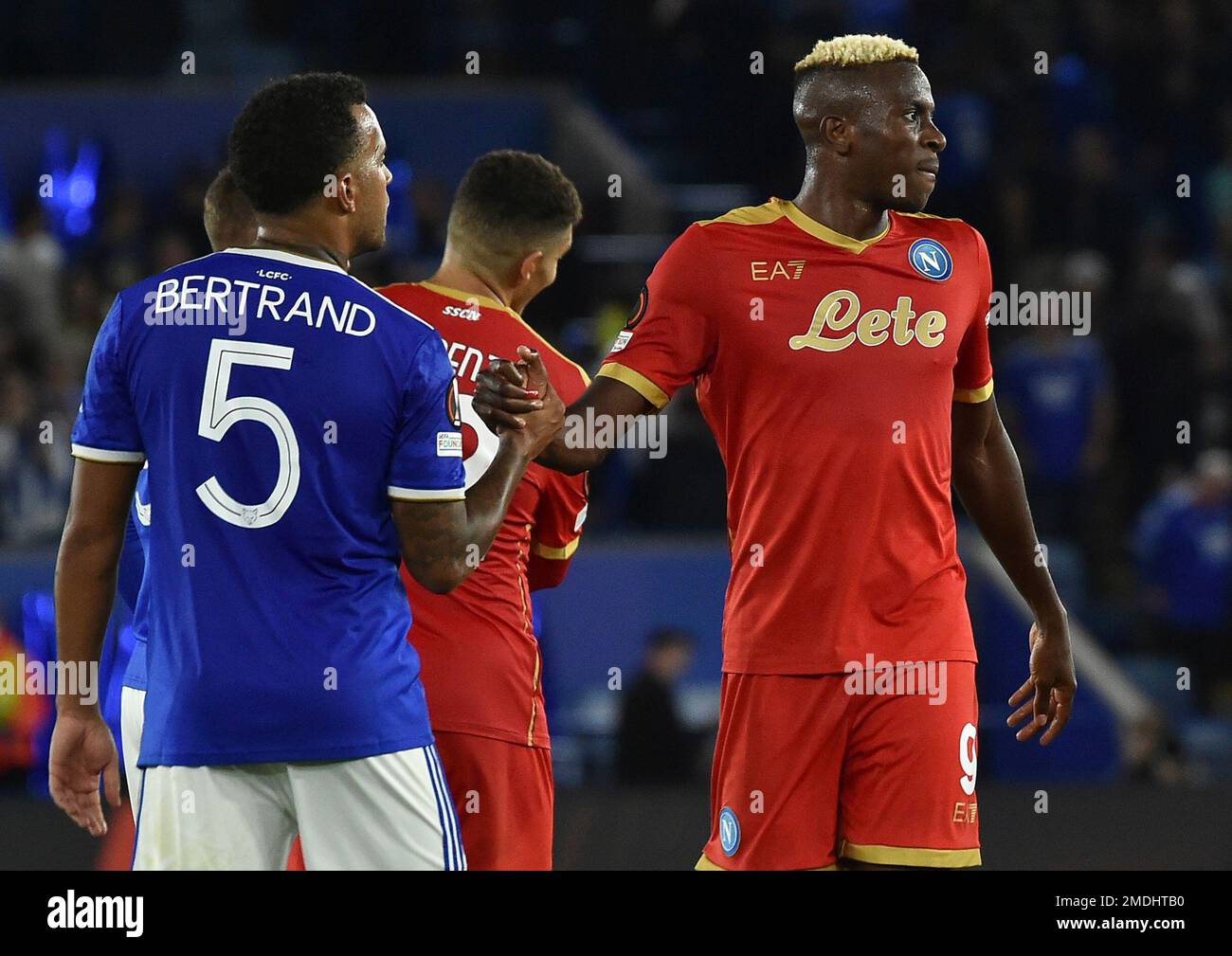 Napoli's Victor Osimhen, right, Leicester's Ryan Bertrand after the ...