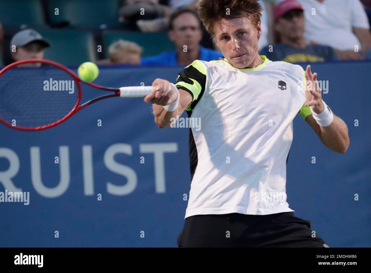 Ilya Ivashka, from Belarus, returns a shot against Emil Ruusuvuori, of ...
