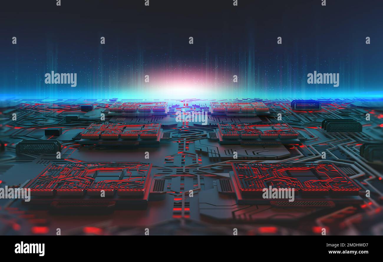 Futuristic computer panel, digital circuit and quantum processor concept. 3D illustration of ...