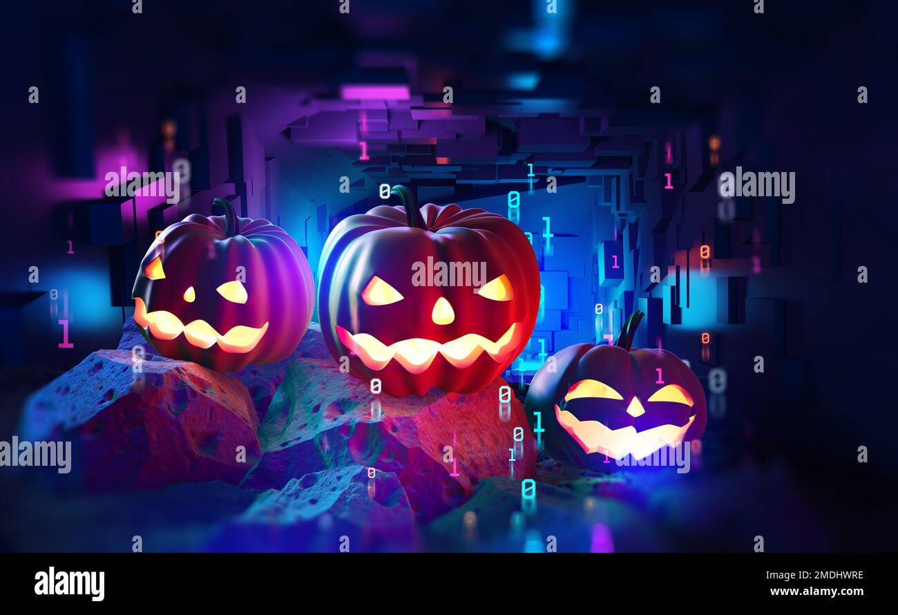 Halloween party in cyberpunk style. Pumpkin head in cyberspace 3d ...