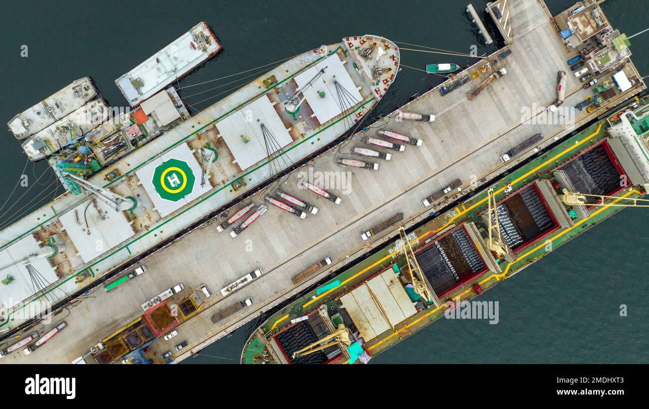 Powder tanker trailer Truck going to load cemant powder to large ship ...