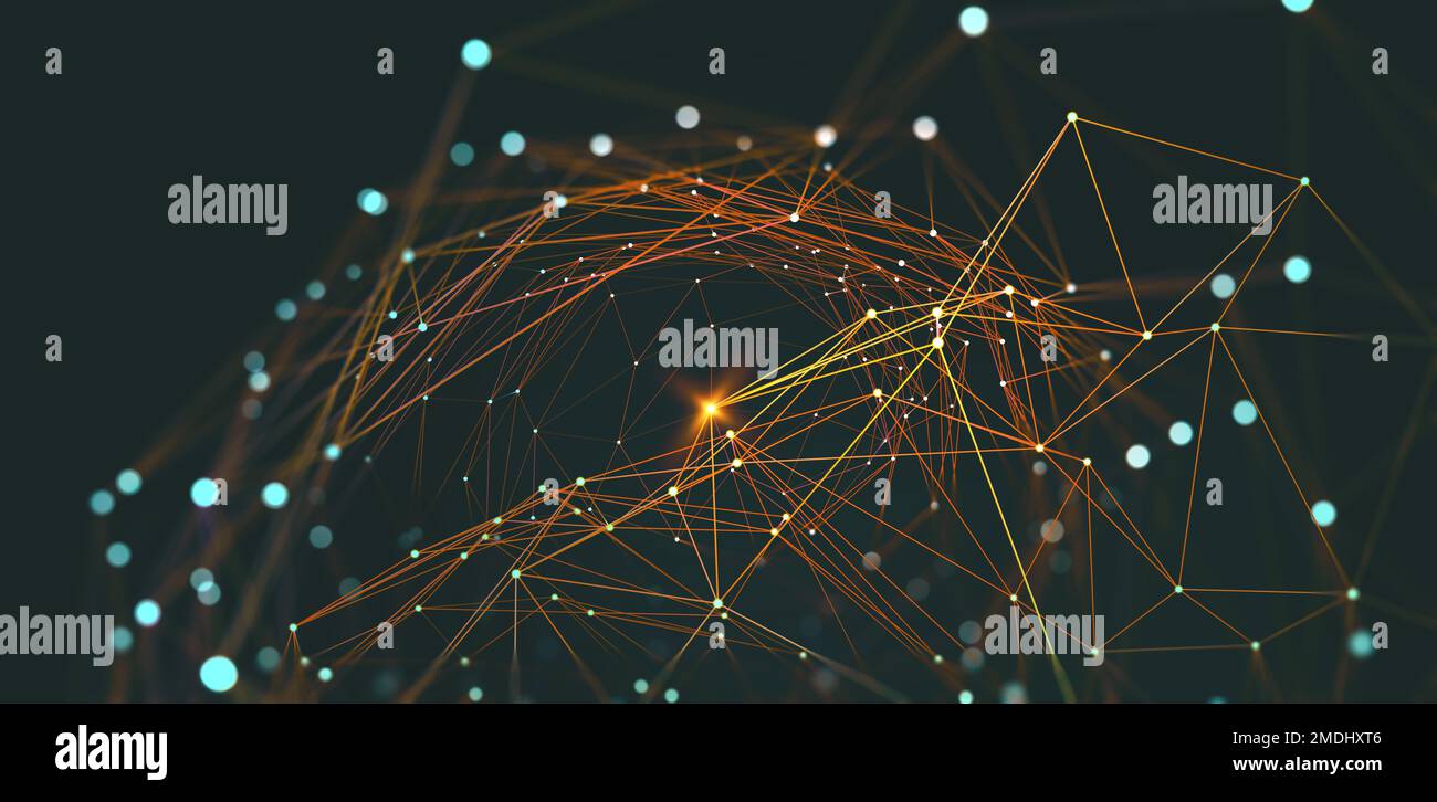 Abstract neural network 3D illustration. Big data concept. Global database and artificial ...