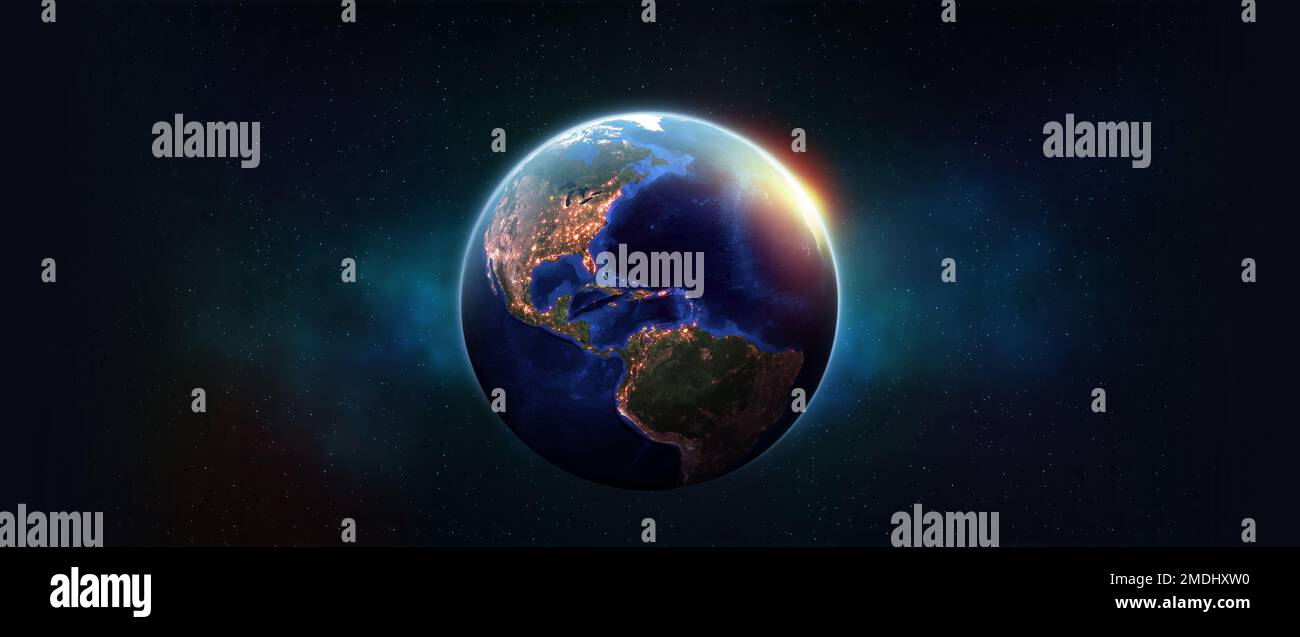 Planet earth in outer space. Night over American continents. Light of ...