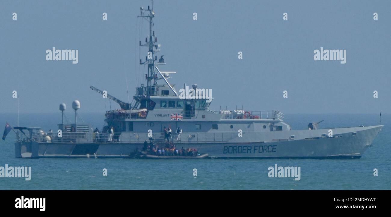 A British Border Force boat Vigilant takes people thought to be ...
