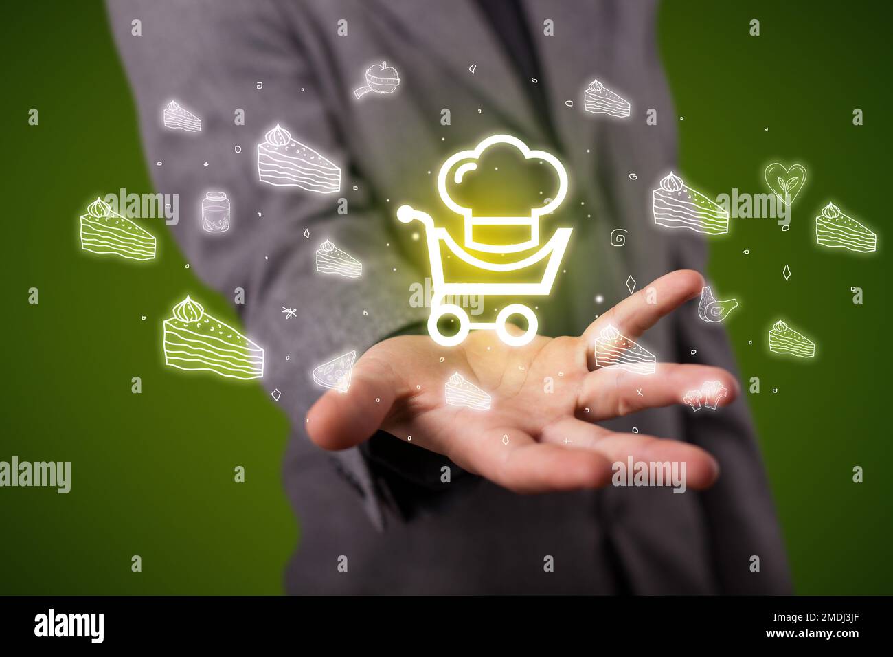 Hand holding food related icons Stock Photo - Alamy