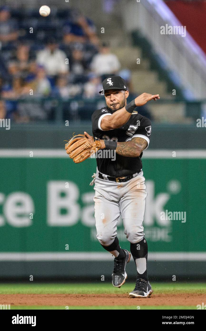 Chicago White Sox shortstop Leury Garcia throws to first for an out ...