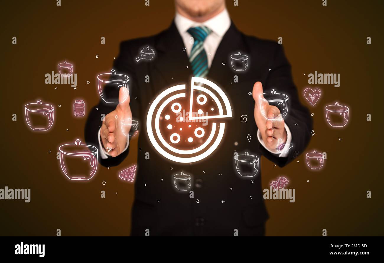 Hand holding food related icons Stock Photo - Alamy