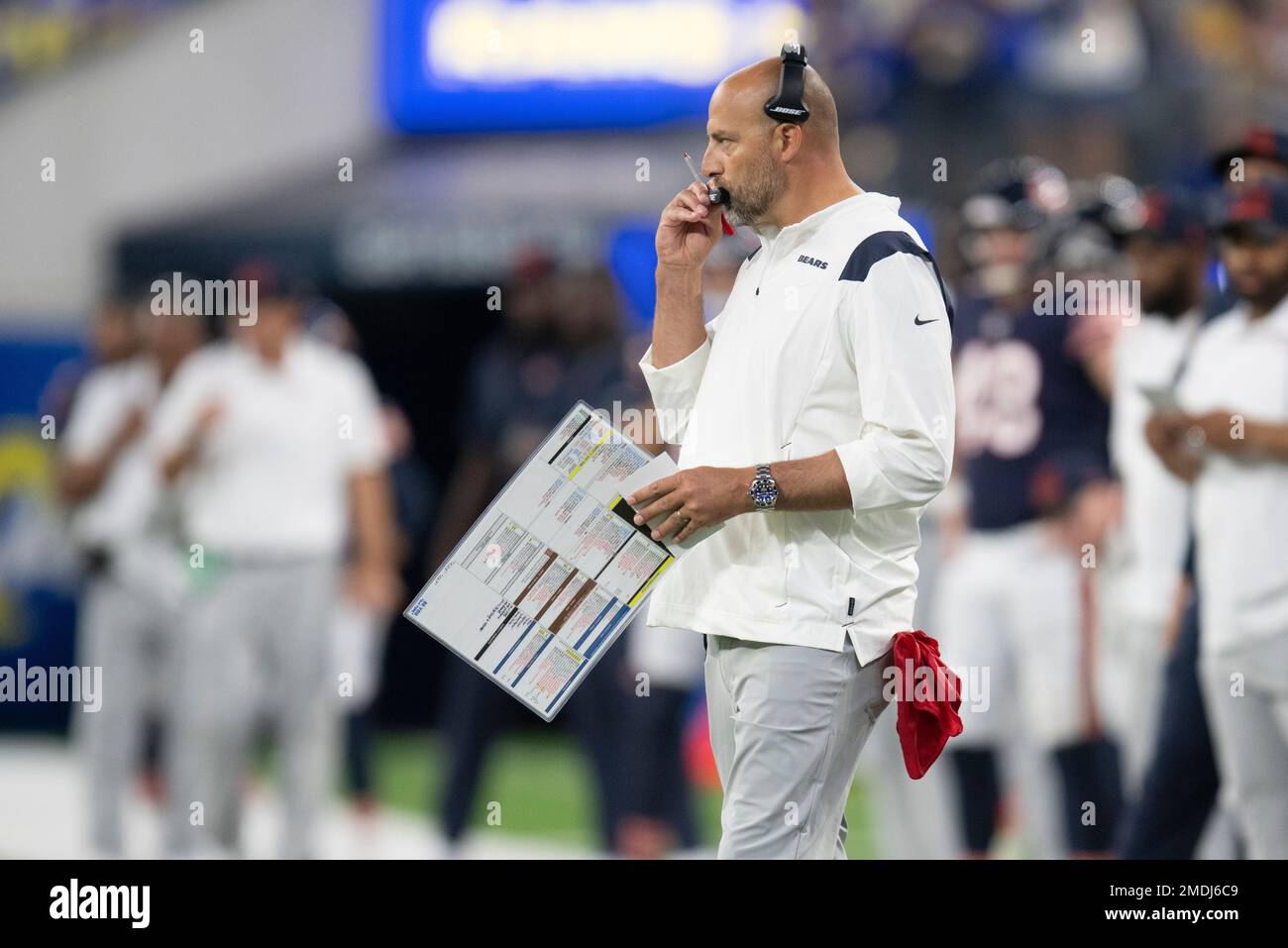Chicago Bears head coach Matt Nagy gives instructions during an NFL ...