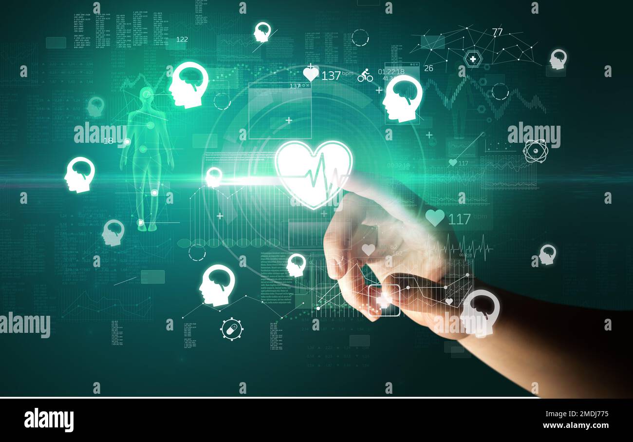 Doctor hand pressing futuristic health device with medical symbol on screen Stock Photo - Alamy