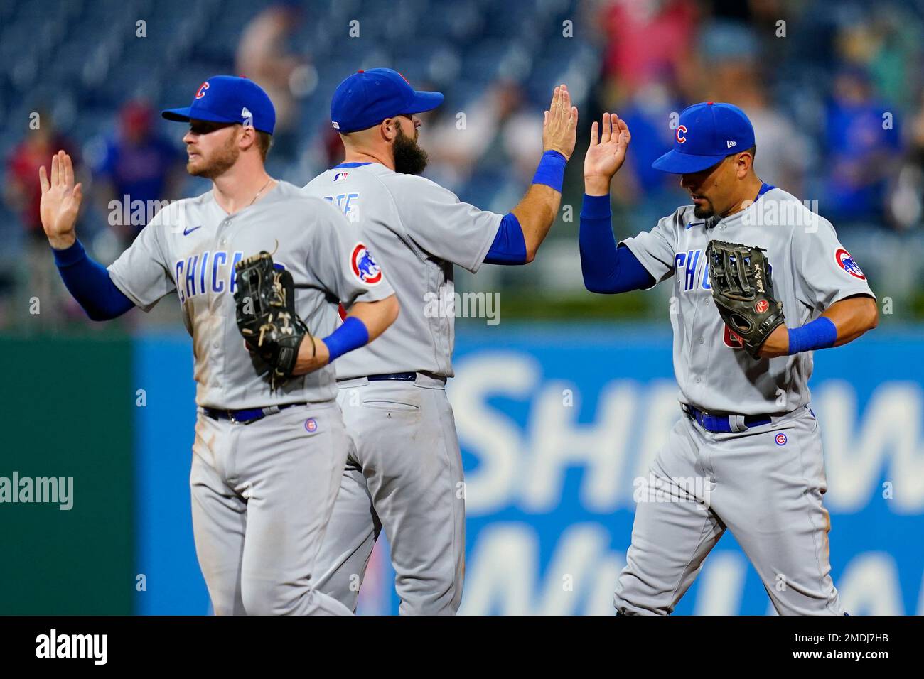 Chicago Cubs' Ian Happ, from left, David Bote and Rafael Ortega ...